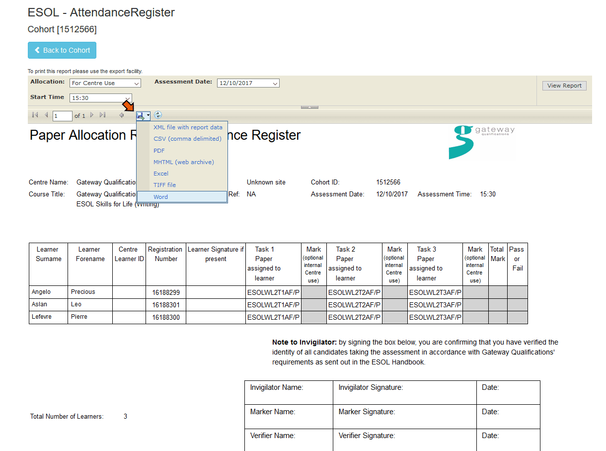 External Assessments - Printing an Attendance Register - Gateway ...